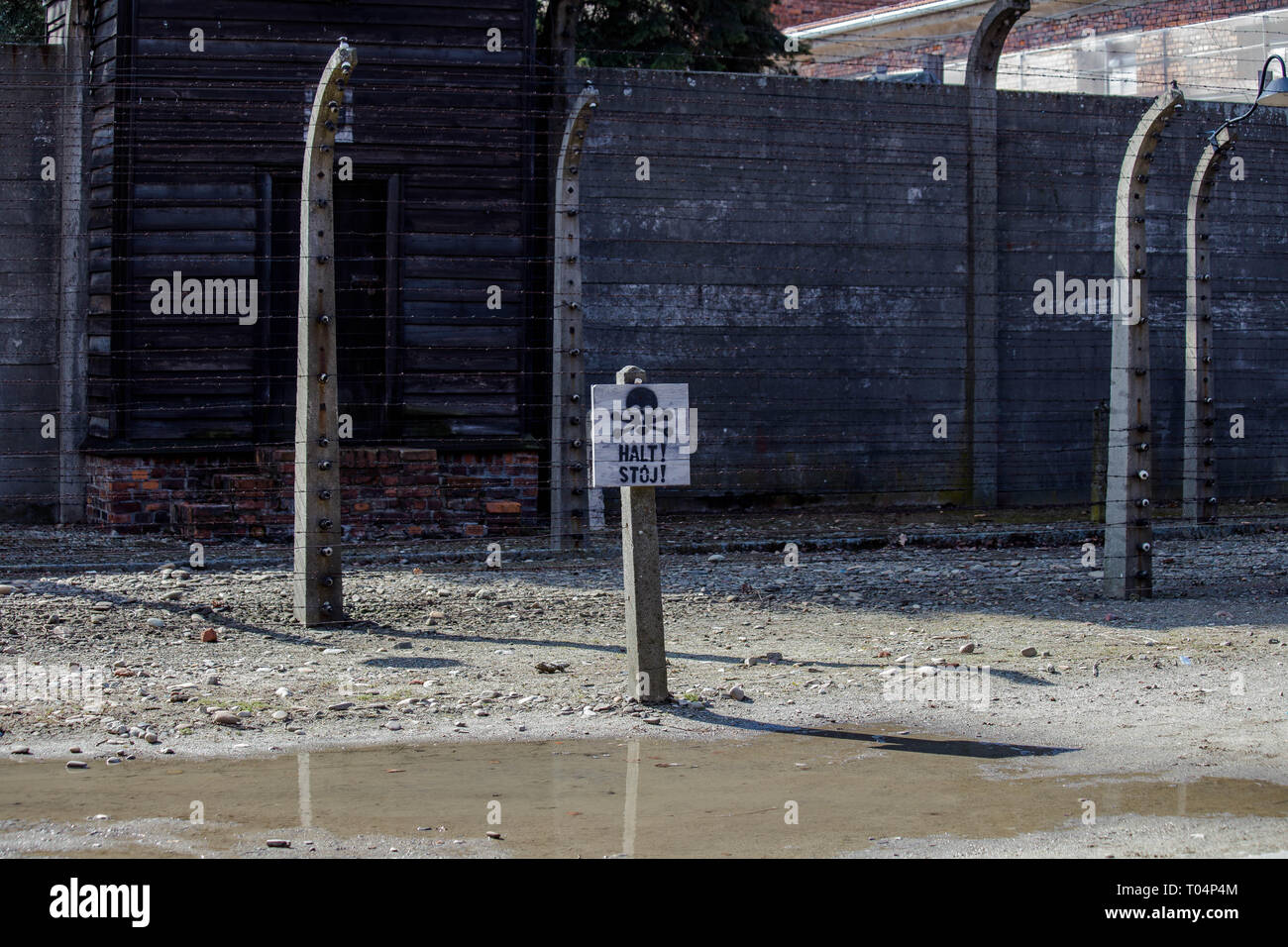 Auschwitz, Poland - March 12, 2019 Stop death sign at the Auschwitz ...