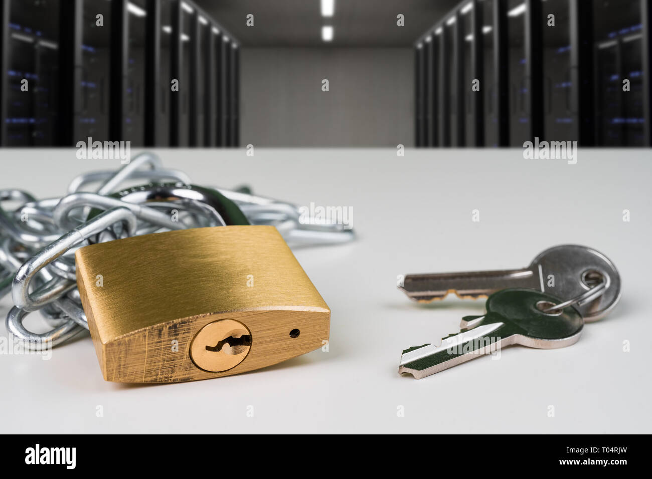 Padlock, chain and keys on a white background in a server room or data ...