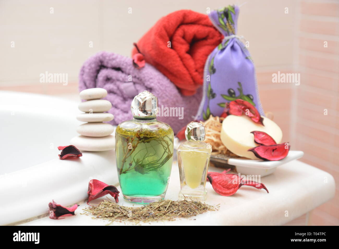 essential oil with herbs and soap for the body wellness spa Stock Photo ...