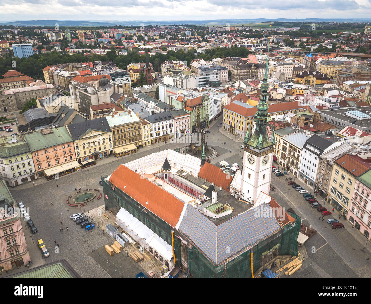 Aerial of Upper square in city of Olomouc (Holomóc or Olomóc, Olmütz ...