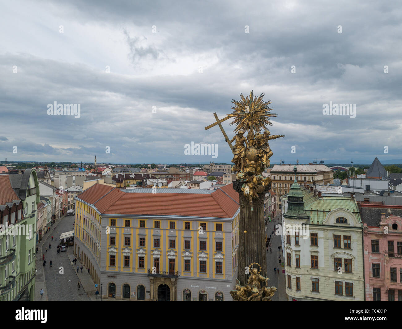 Aerial of Holy Trinity Column and Olomouc city old town in Moravia ...