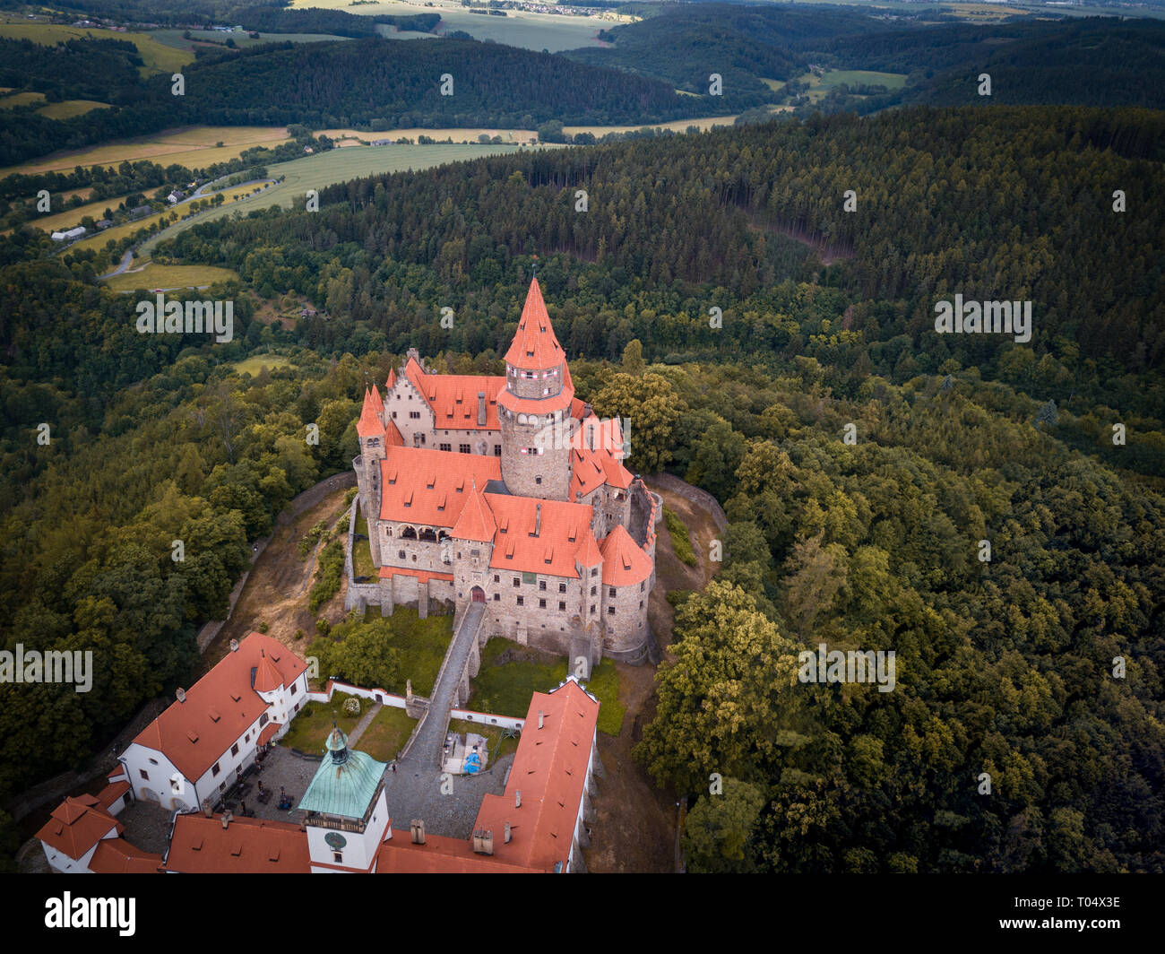Aerial of medieval Bouzov castle in Czech region of Moravia. Last seat ...
