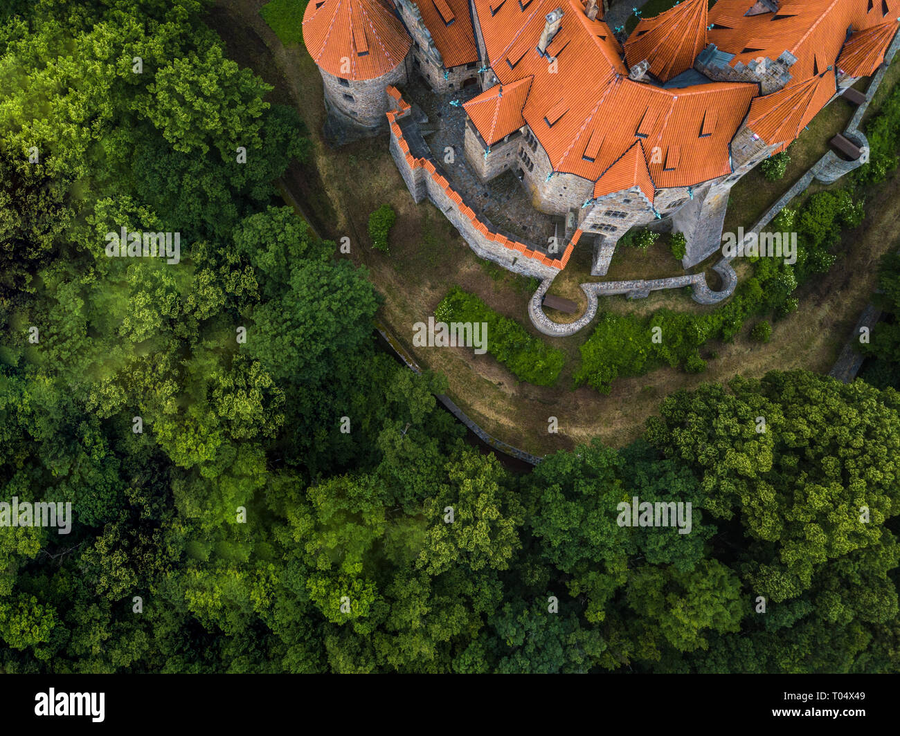 Aerial of medieval Bouzov castle in Czech region of Moravia. Last seat ...
