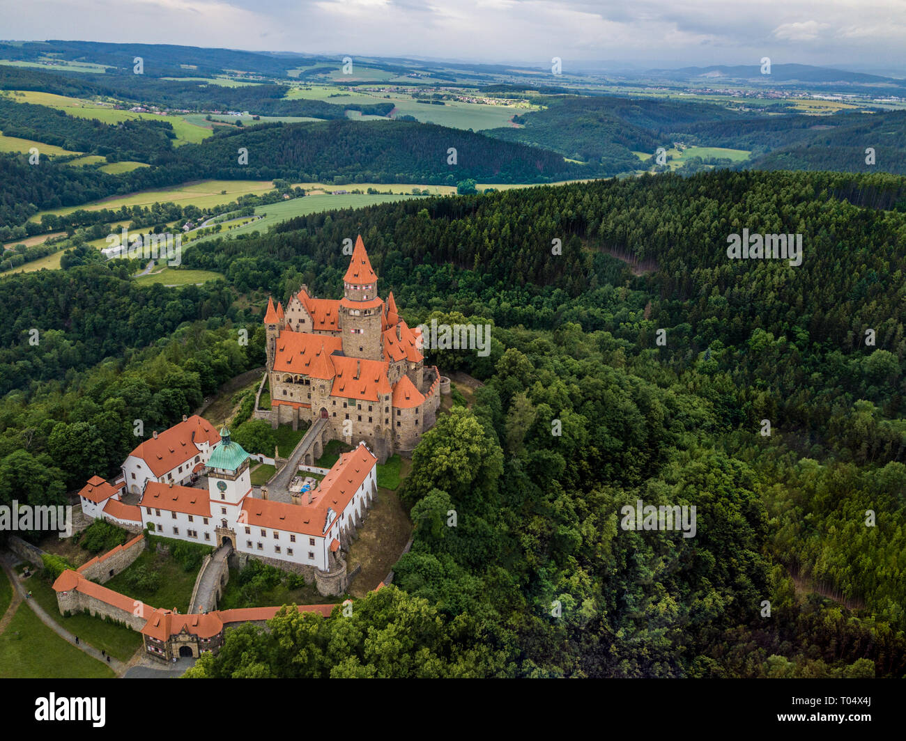 Aerial of medieval Bouzov castle in Czech region of Moravia. Last seat ...