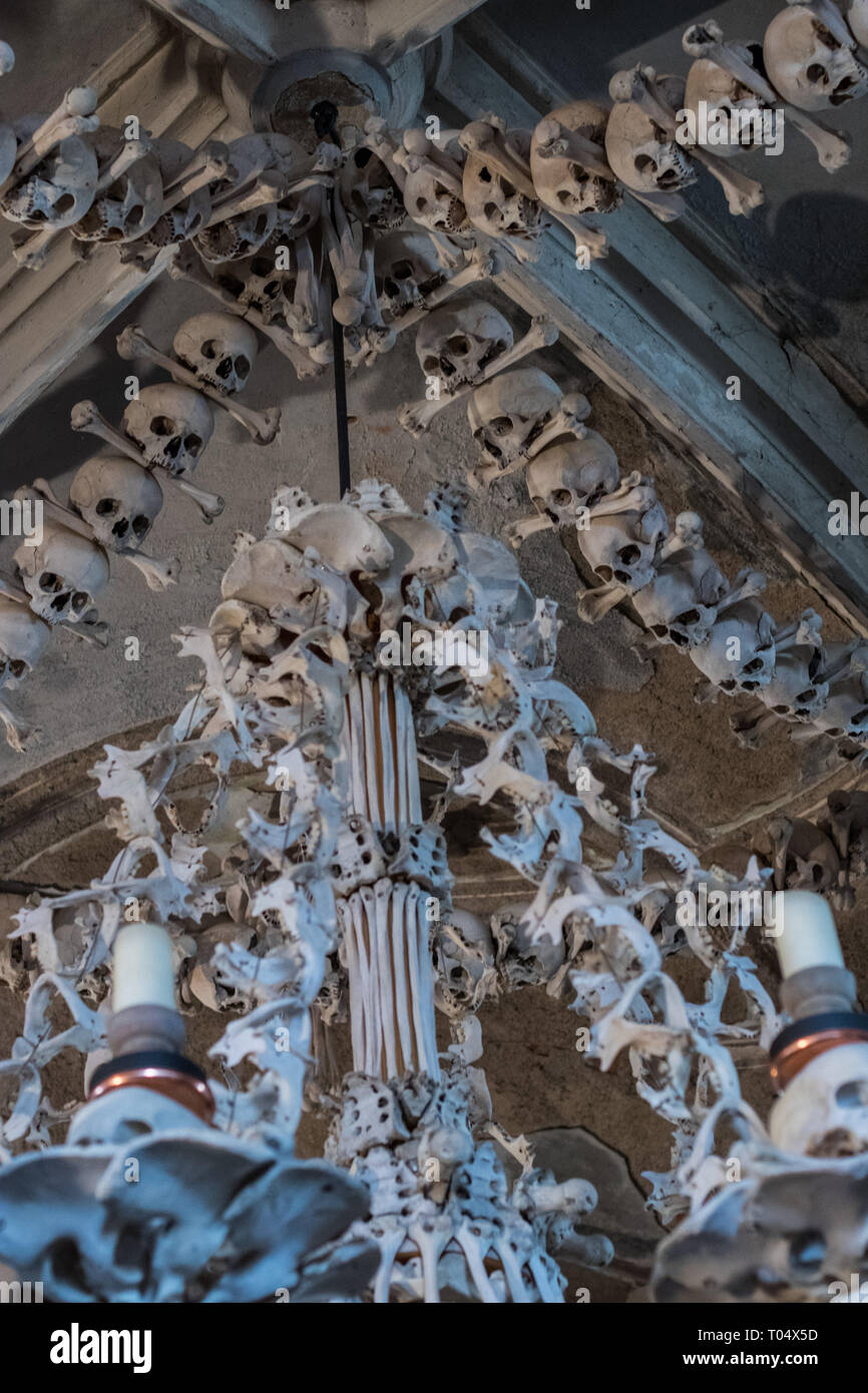 Bone Church (Kostnice, ossuary), many human skulls and human bones ...