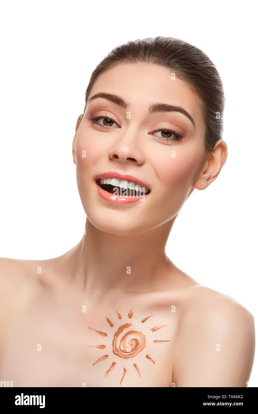 girl with sun drawing on forehead is Stock Photo - Alamy