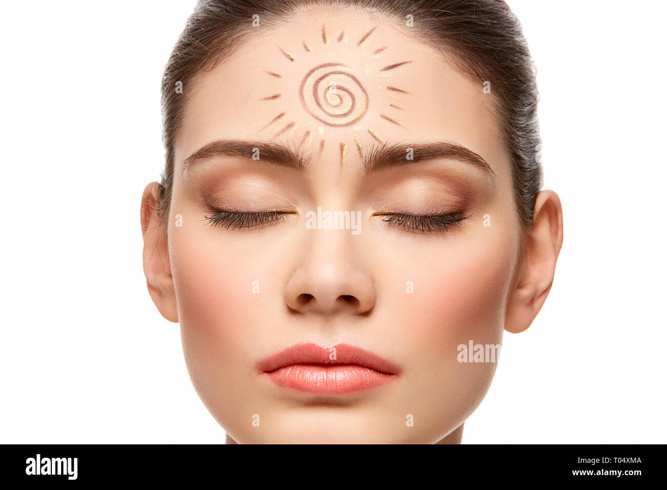 girl with sun drawing on forehead isolated on white Stock Photo - Alamy