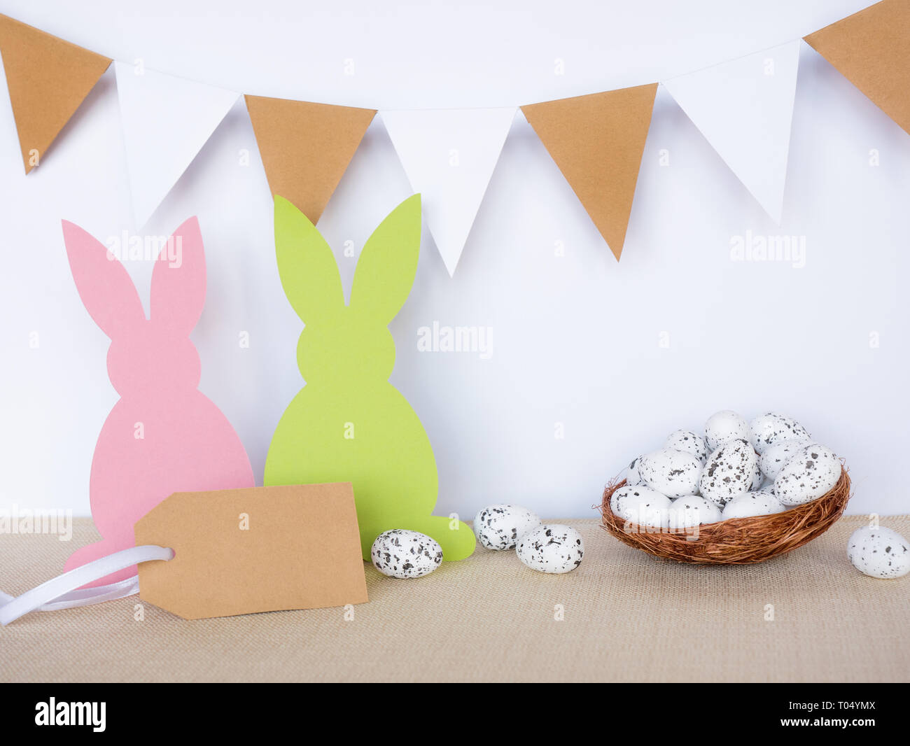 Easter background with eggs, rabbits and flags Stock Photo - Alamy