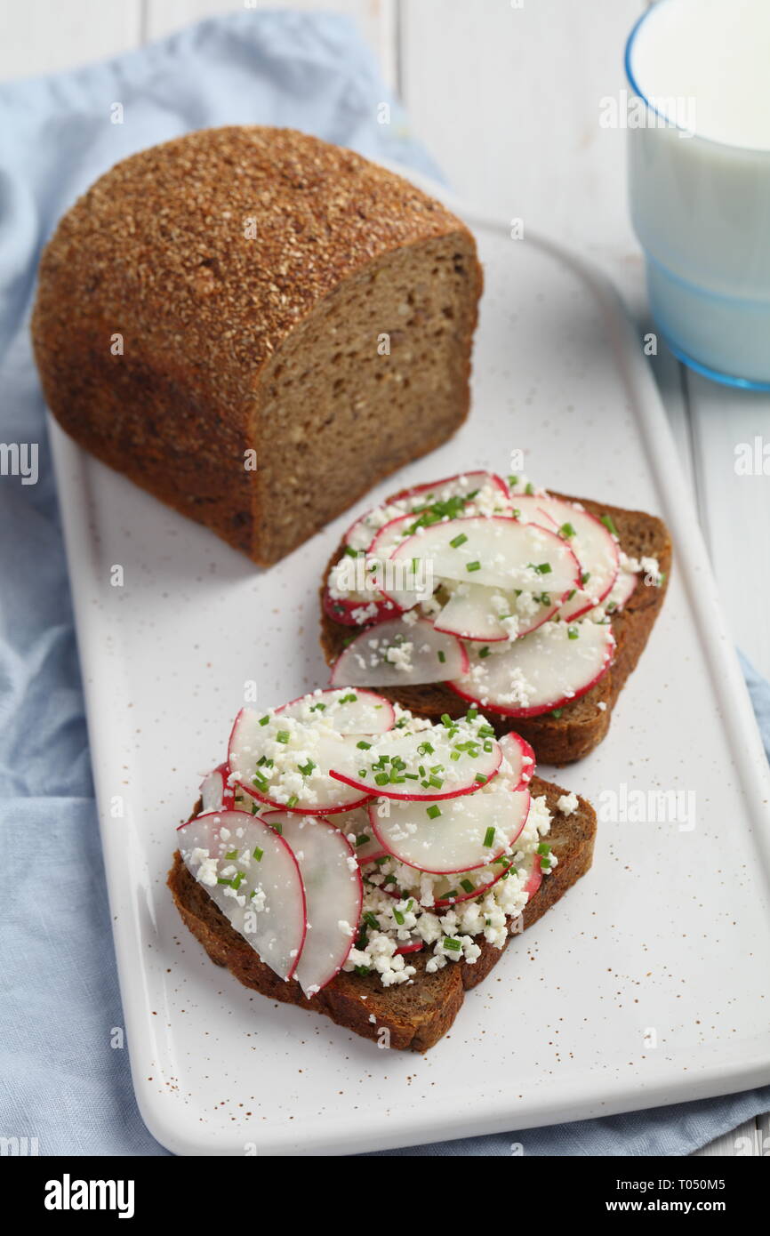 Kanapki, Polish sandwiches with radish, cottage cheese, and chives Stock Photo - Alamy