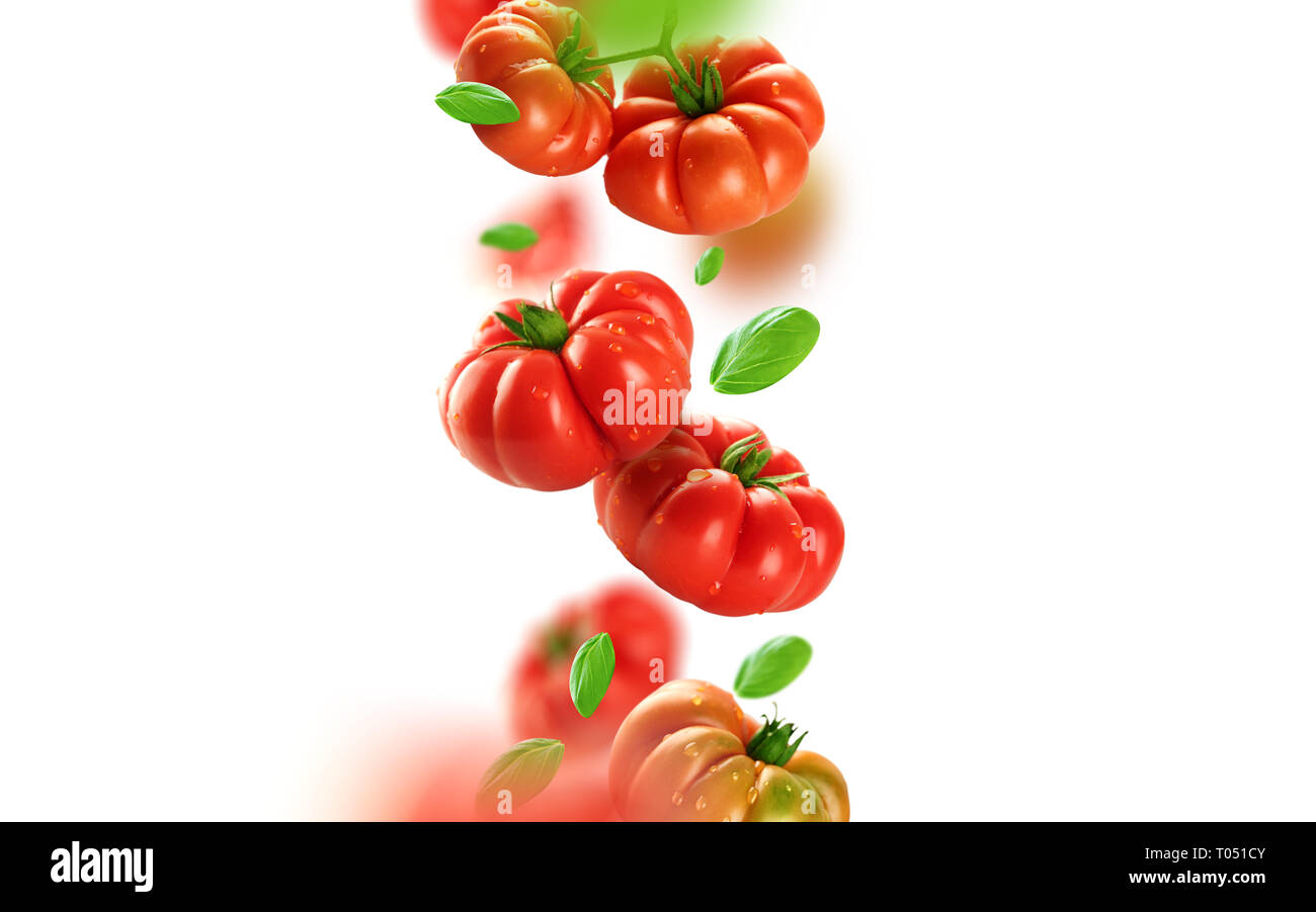 Tomatoes and leaves falling from the air Stock Photo - Alamy