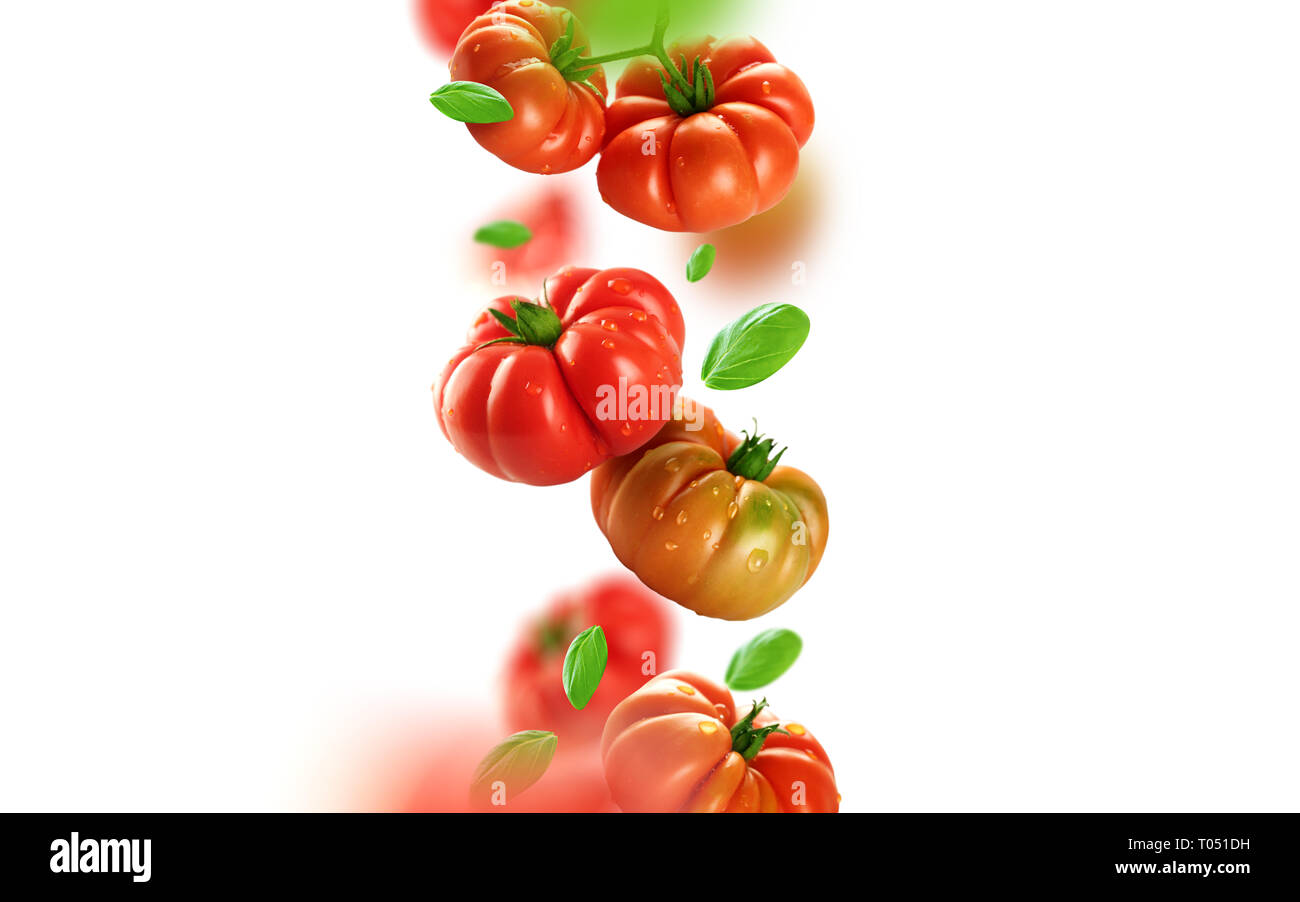 Tomatoes and leaves falling from the air Stock Photo - Alamy
