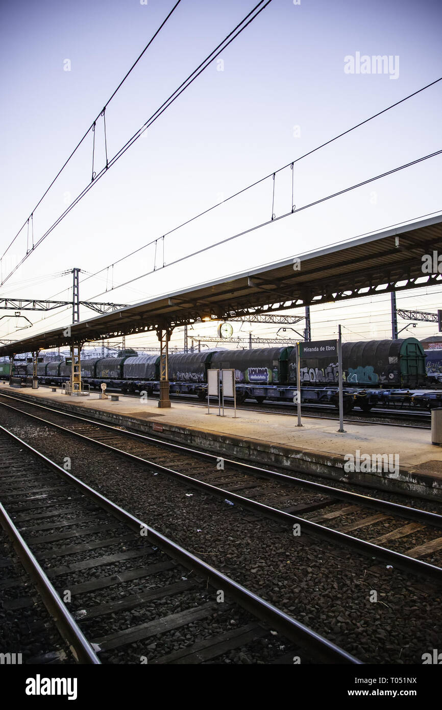 Miranda, Spain, September 2016: - View of a sign saying Railway Station ...