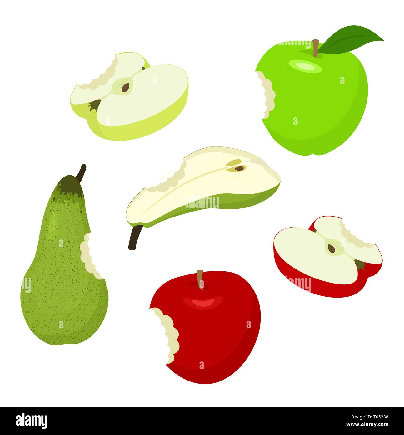 Bitteb apple and pear. Set of red, green, half, sliced, bitten, apples and pear. Vector ...