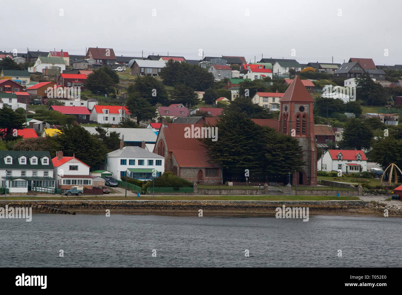 Port Stanley Falkland Islands, view of town and cathedral from harbour ...