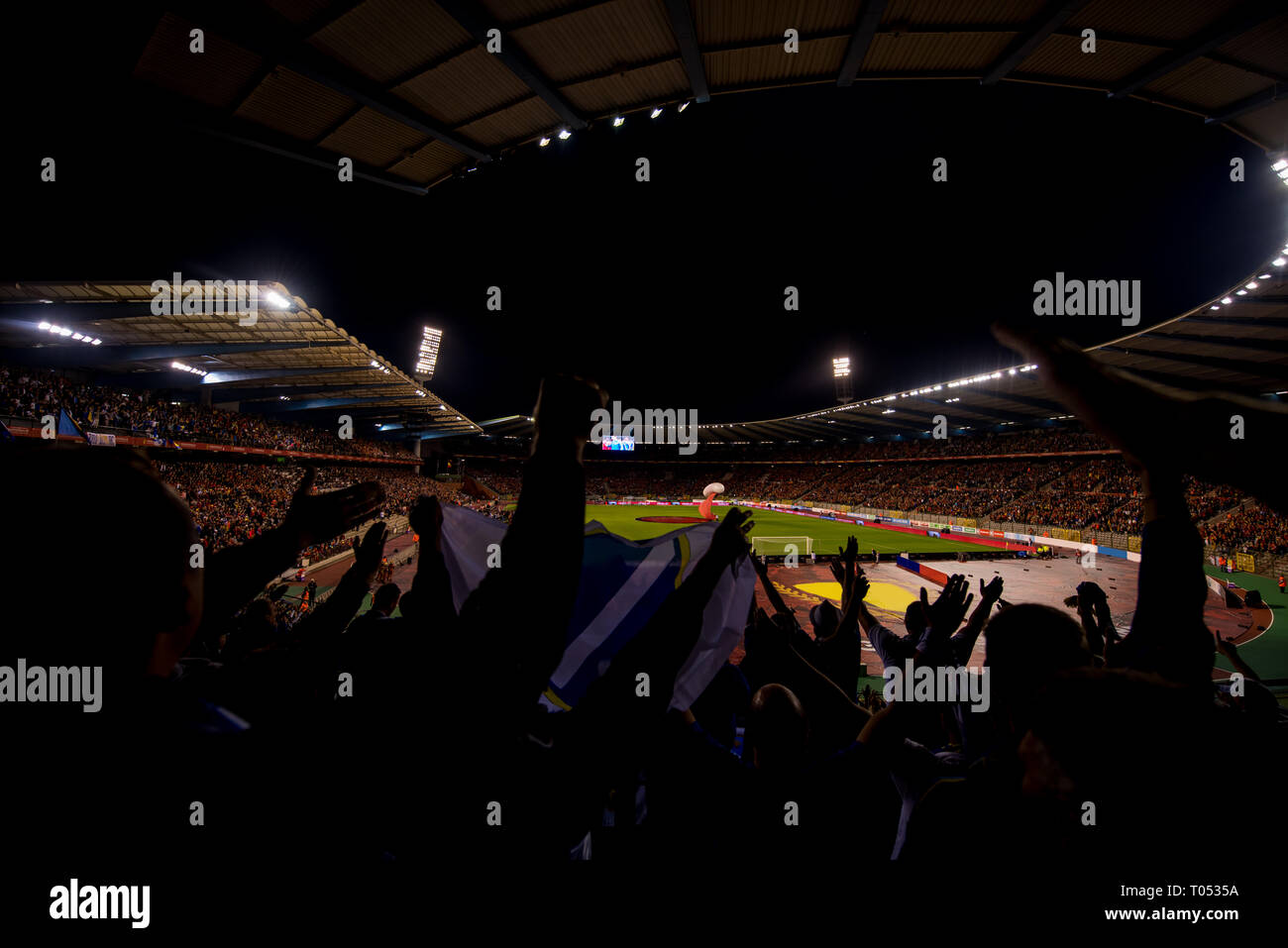 group of football, soccer fans support their favorite sports team and ...