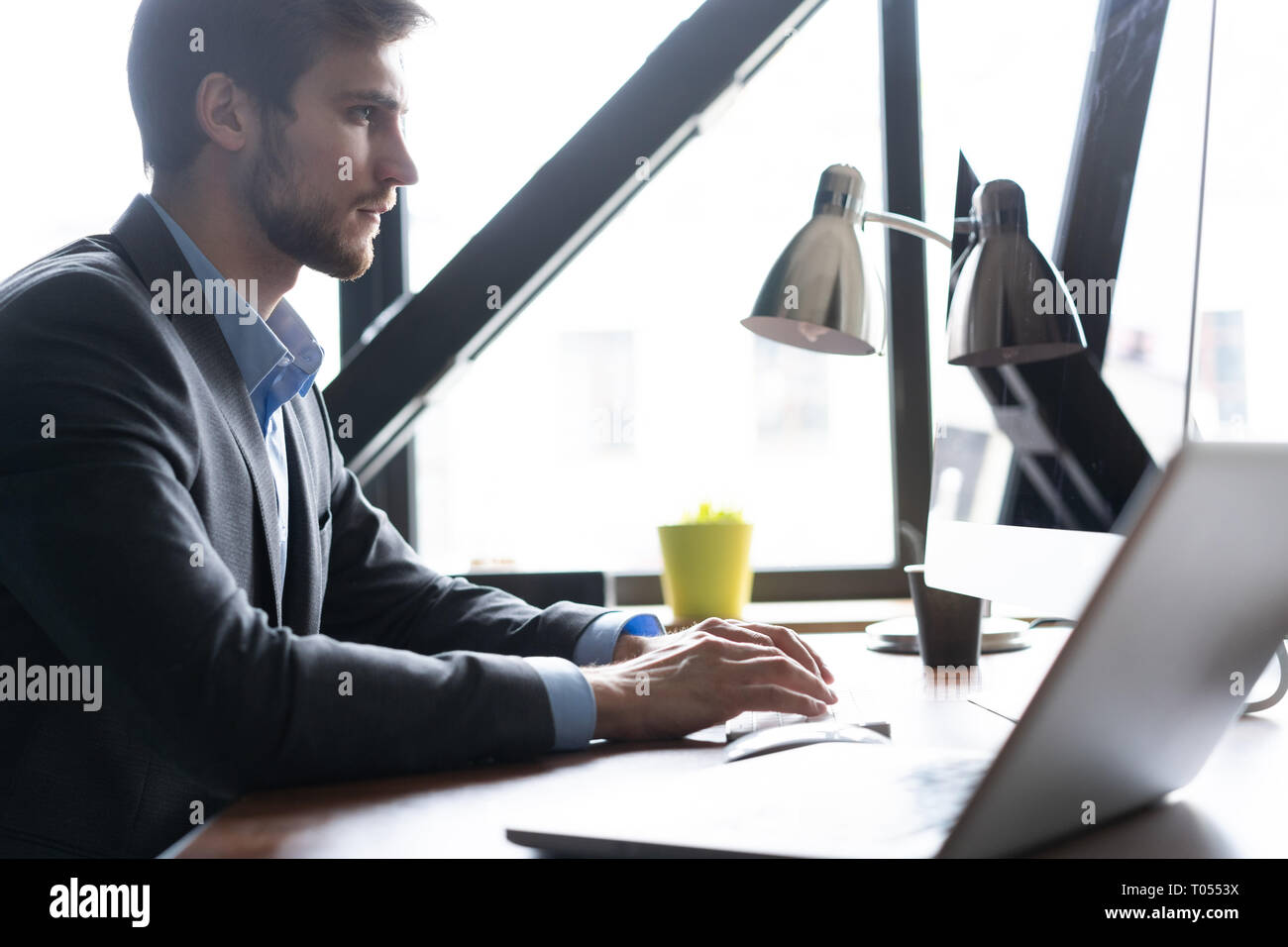 Happy young businessman using laptop at his office desk Stock Photo - Alamy