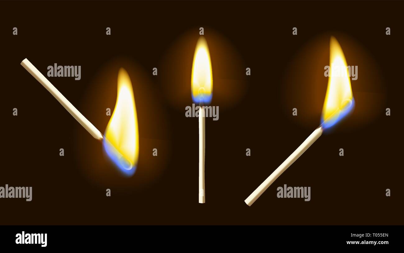 Realistic burning matchstick flame set with transparency, isolated on ...