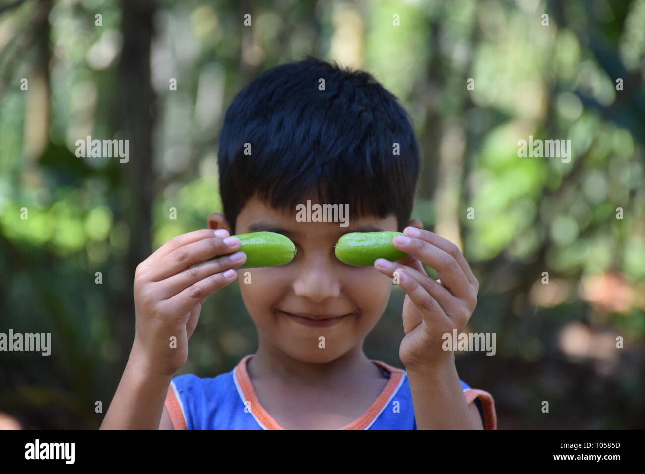 A child playing and eating irumban puli(Averrhoa bilimbi Stock Photo ...