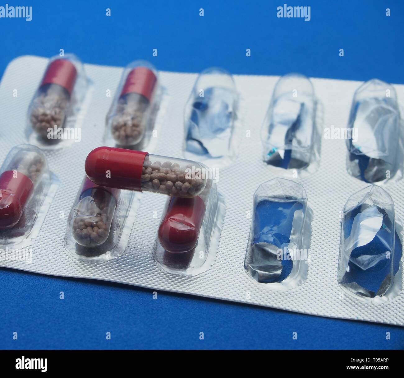 The drug in capsules. Capsules lie in plastic transparent packaging ...