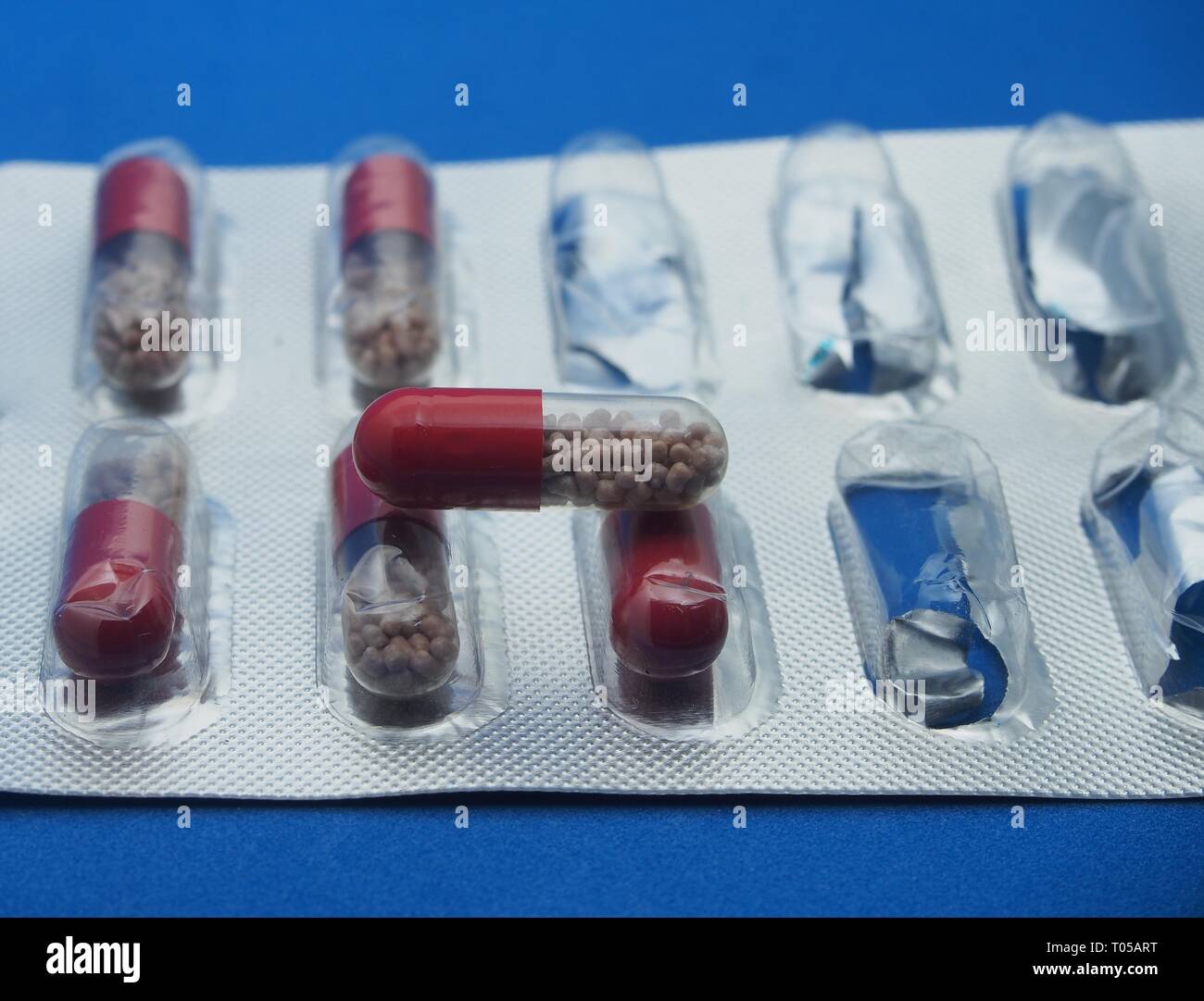The drug in capsules. Capsules lie in plastic transparent packaging ...