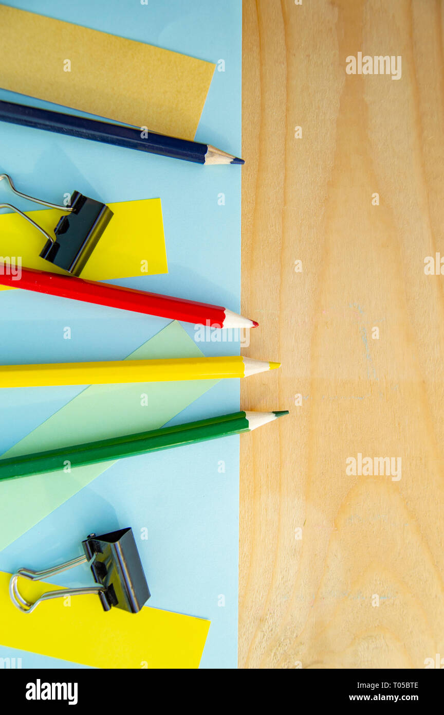 Empty space for text and stationery on wooden background. Layout for ...