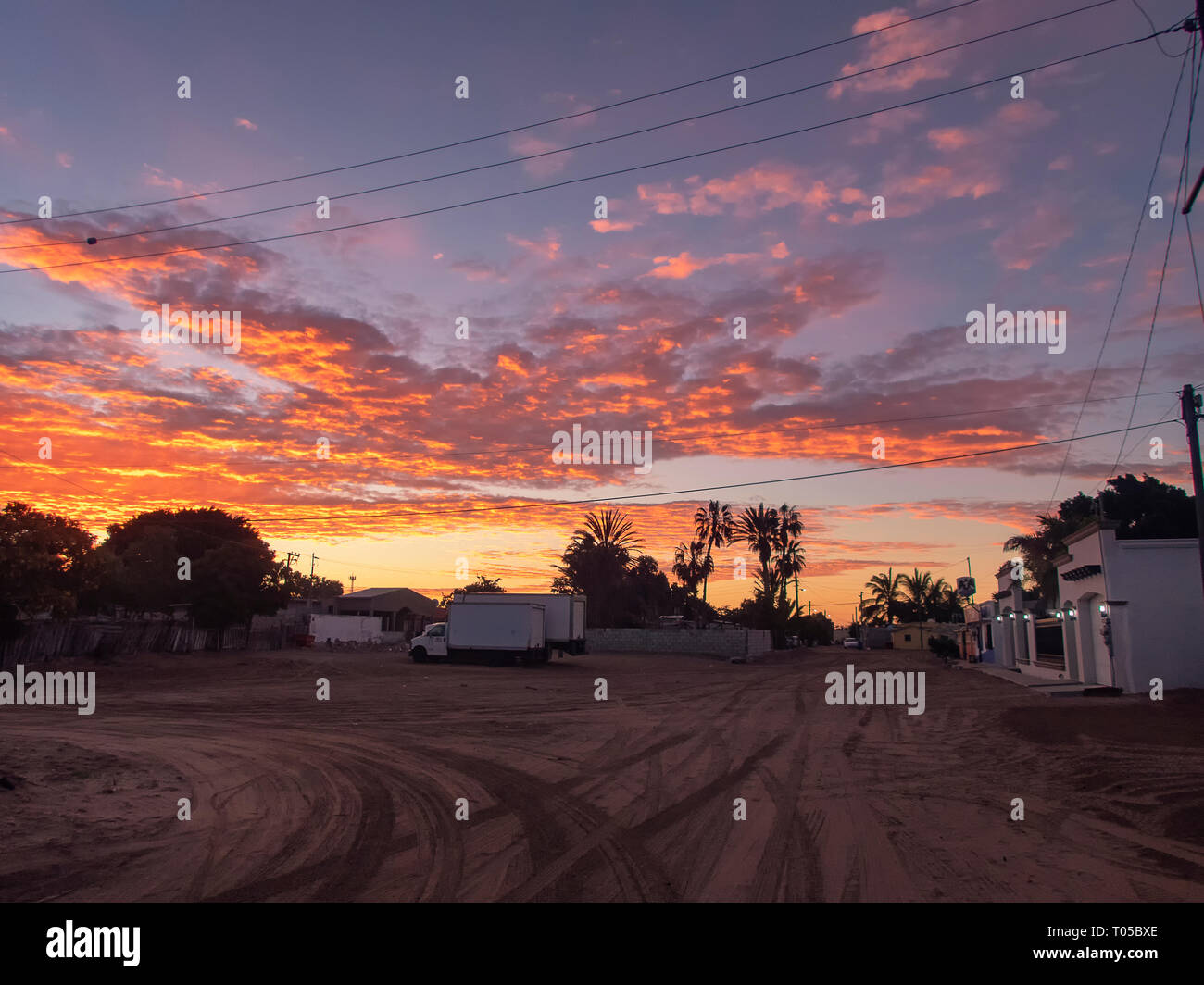 A fiery sunset at Adolfo Lopez Mateos on the Pacific coast of Baja ...
