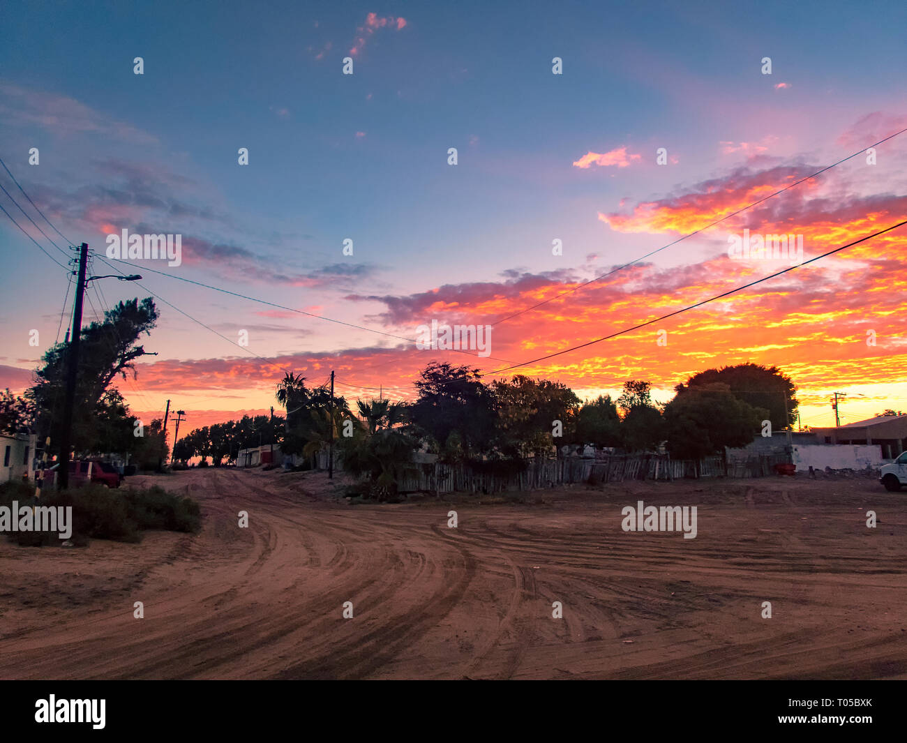 A fiery sunset at Adolfo Lopez Mateos on the Pacific coast of Baja ...