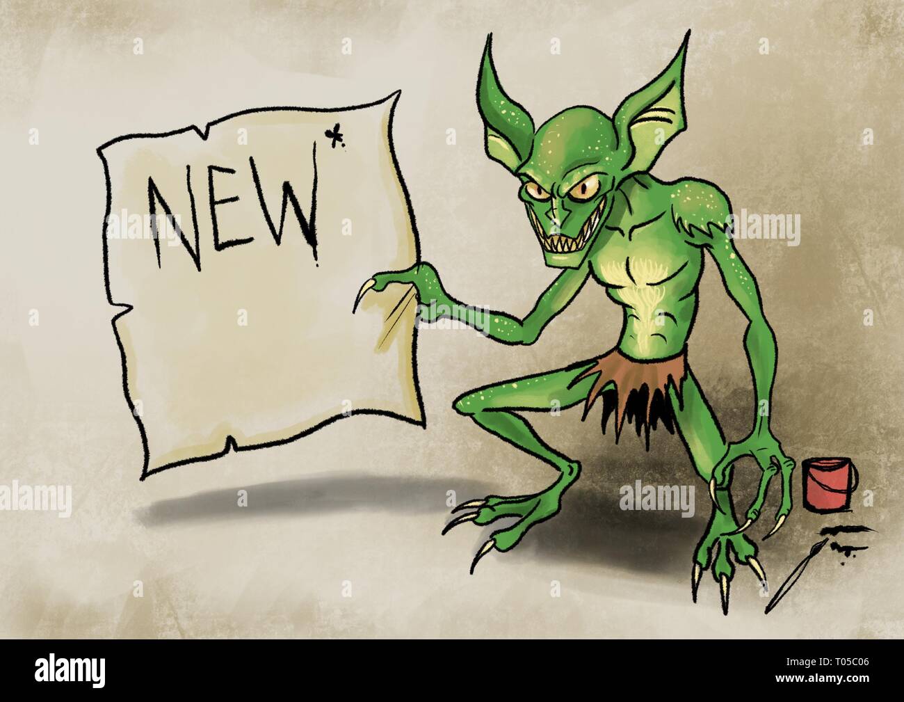 A goblin holding up a sign with space to add text or other elements ...