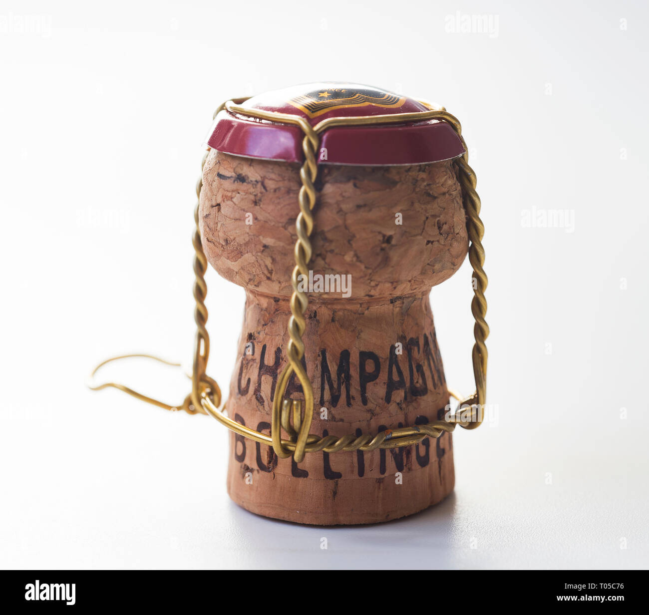 Bollinger Champagne cork, wire and foil on a white background Stock ...