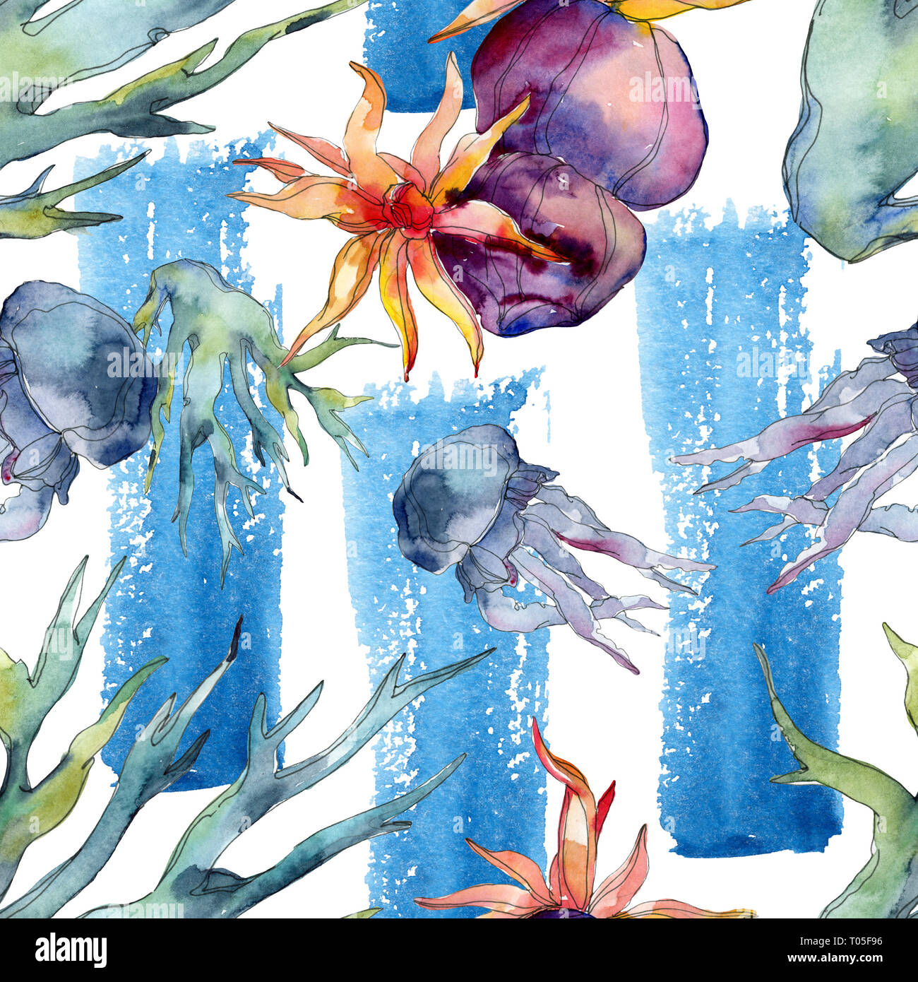 Colorful aquatic underwater nature coral reef. Watercolor background ...