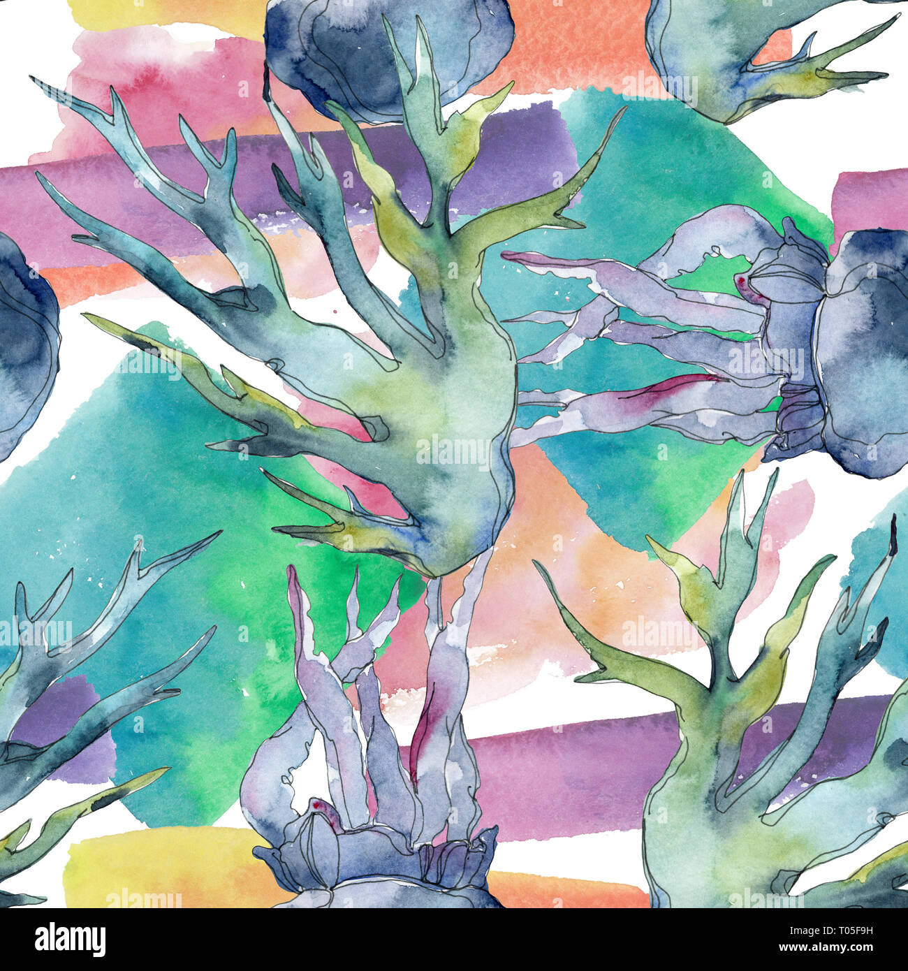 Colorful aquatic underwater nature coral reef. Watercolor background ...