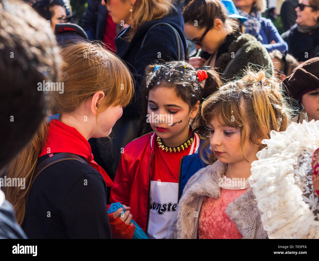 Naples, Italy - March 1, 2019. Carnival parade with dressed up children ...