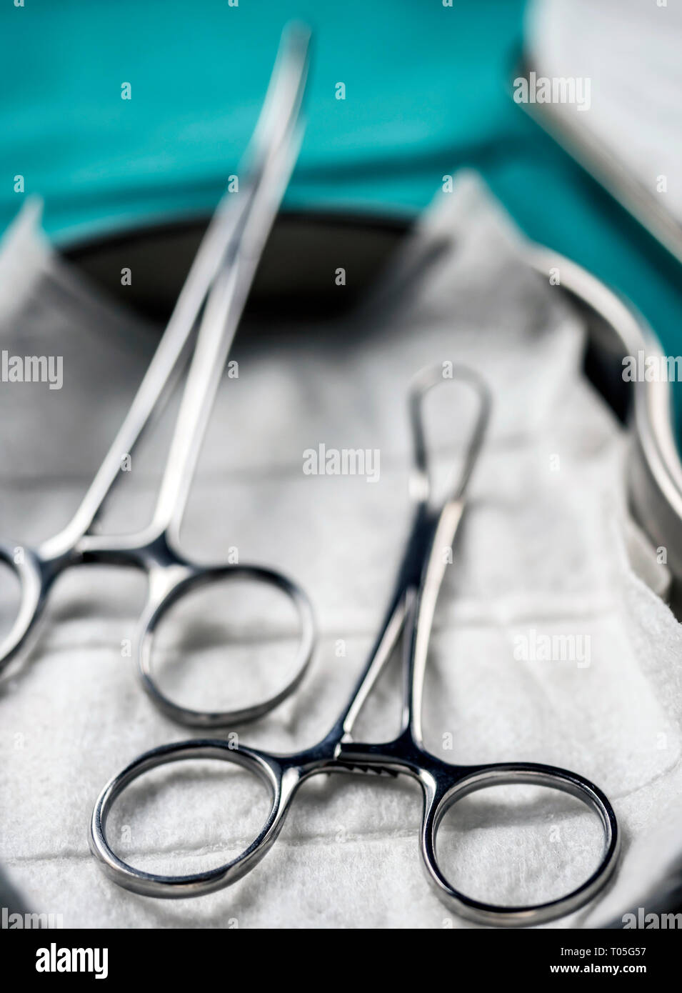 Some scissors for surgery on a tray in an operating theater, conceptual ...