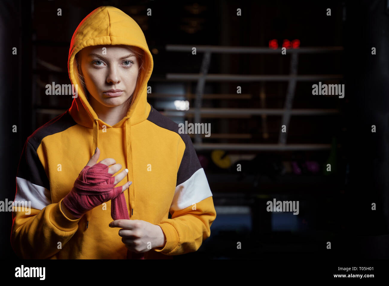 Athlete female boxer pulls red bandages around her hands on ring Stock ...