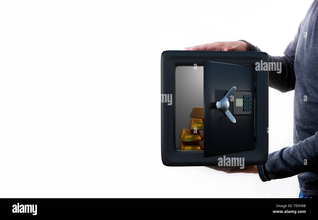 Man holds an open safe with coins Stock Photo - Alamy