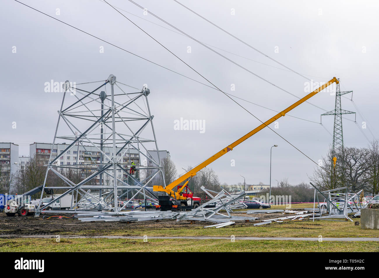 new high voltage power line steel support assembly in city, in the ...