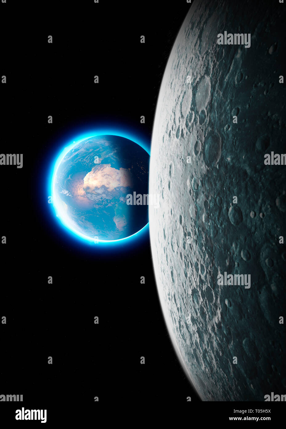 Moon and earth seen from space. Lunar surface and earth in the ...