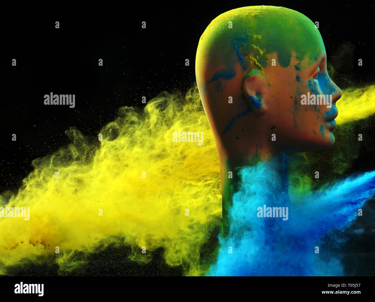Mannequin head among the colorful dust cloud Stock Photo - Alamy