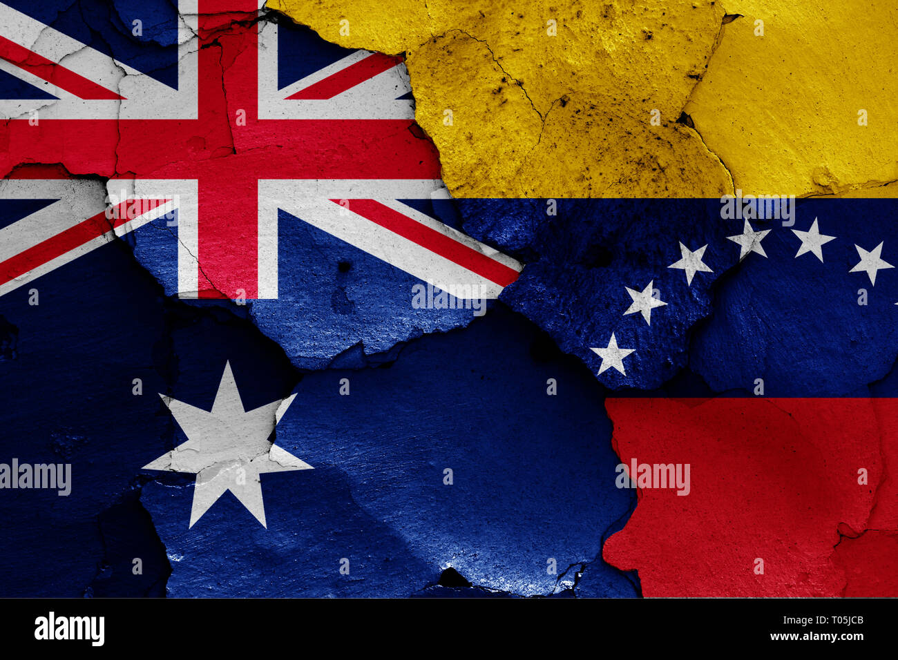 flags of Australia and Venezuela painted on cracked wall Stock Photo ...