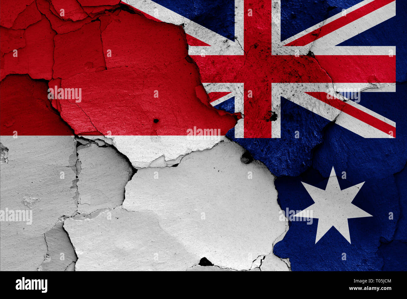flags of Indonesia and Australia painted on cracked wall Stock Photo ...