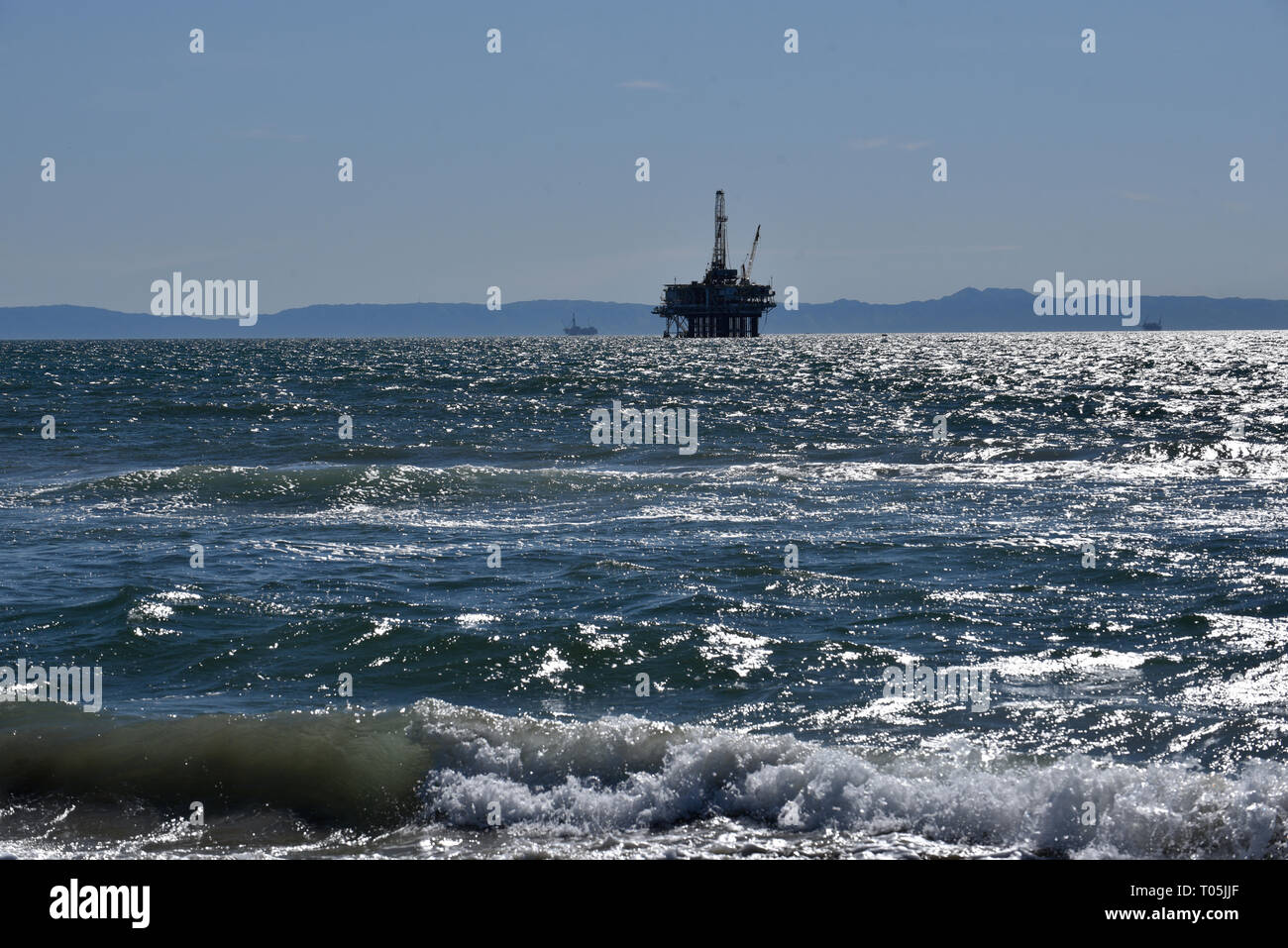 An offshore oil drilling platform off of Huntington Beach in California ...