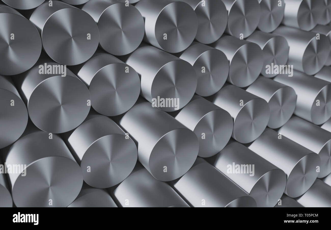 Close-up set of metal round kernels and bars. Industrial 3d rendering ...
