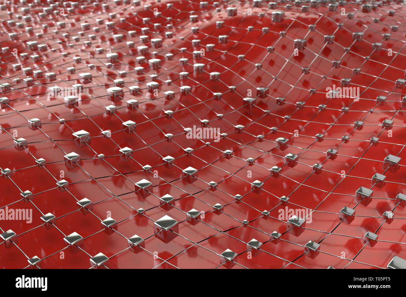 Red wireframe metallic cubes mesh with ball wave landscape abstract ...