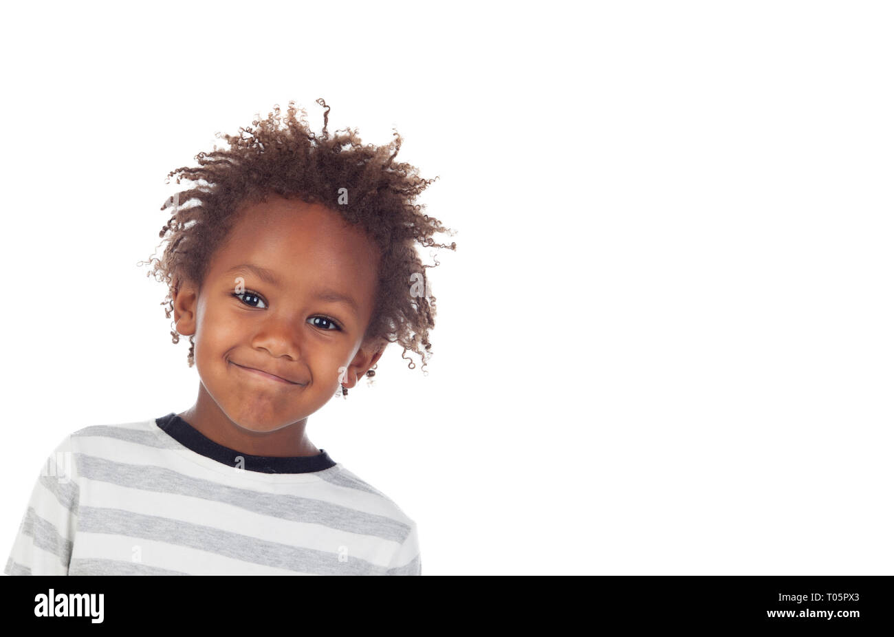 Beautiful Afro-American boy laughing isolated on a white background ...