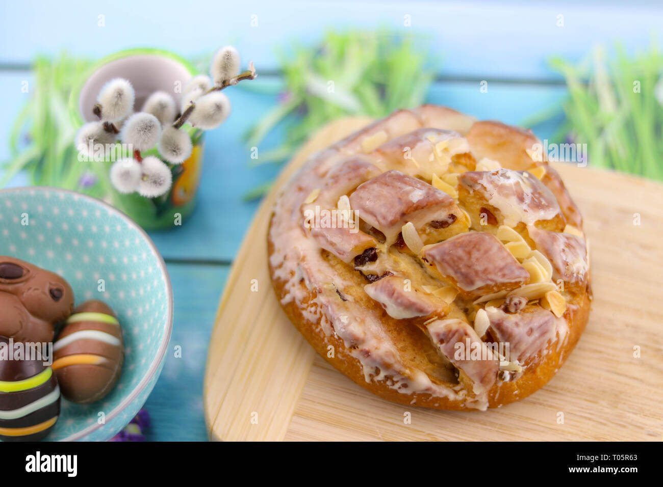 easter bread bakery on decorated easter table, background with copy ...