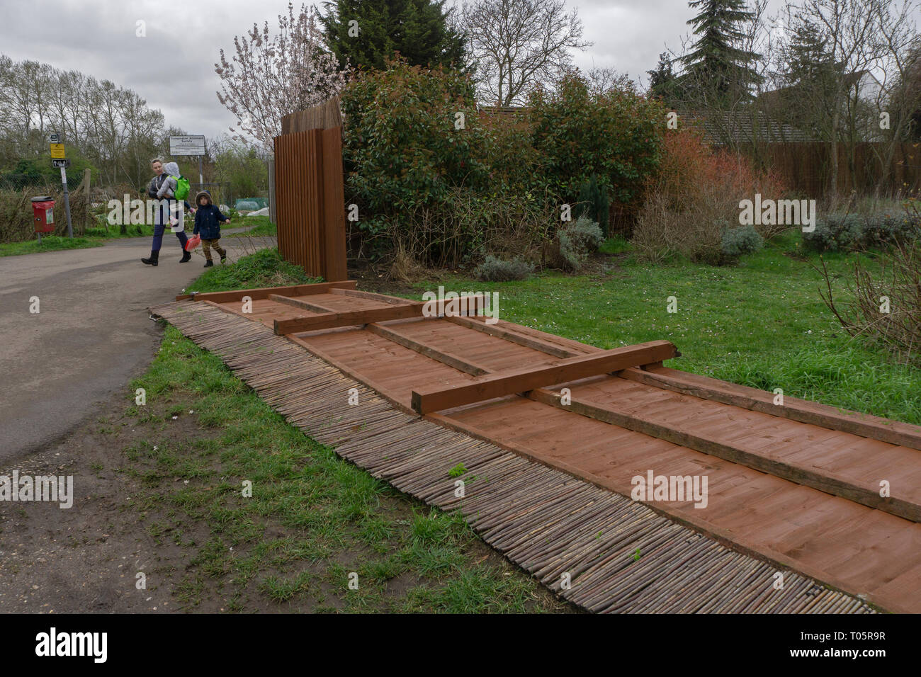 wooden fence blown over by strong wind Stock Photo - Alamy