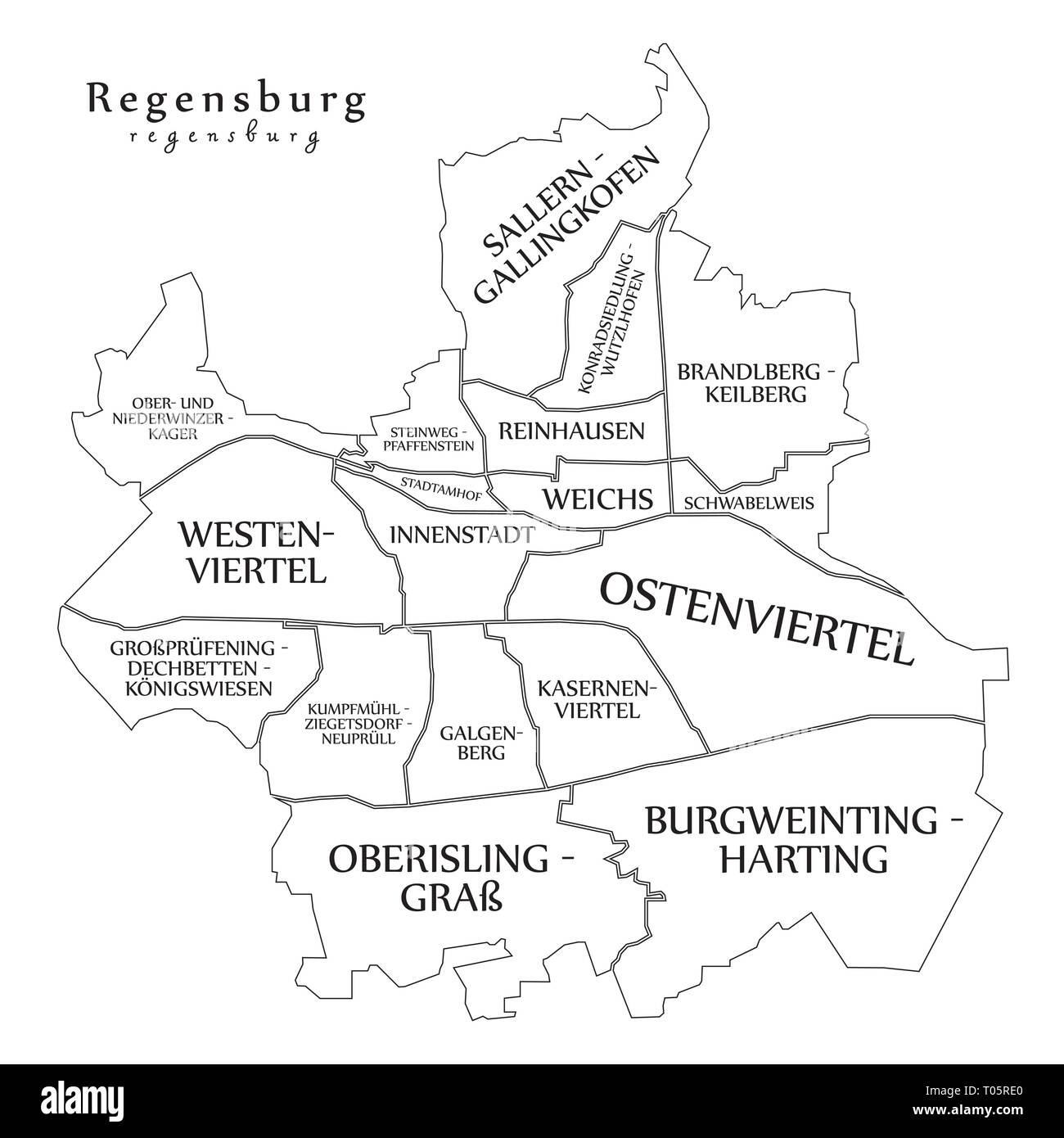 Modern City Map - Regensburg city of Germany with boroughs and titles DE outline map Stock ...