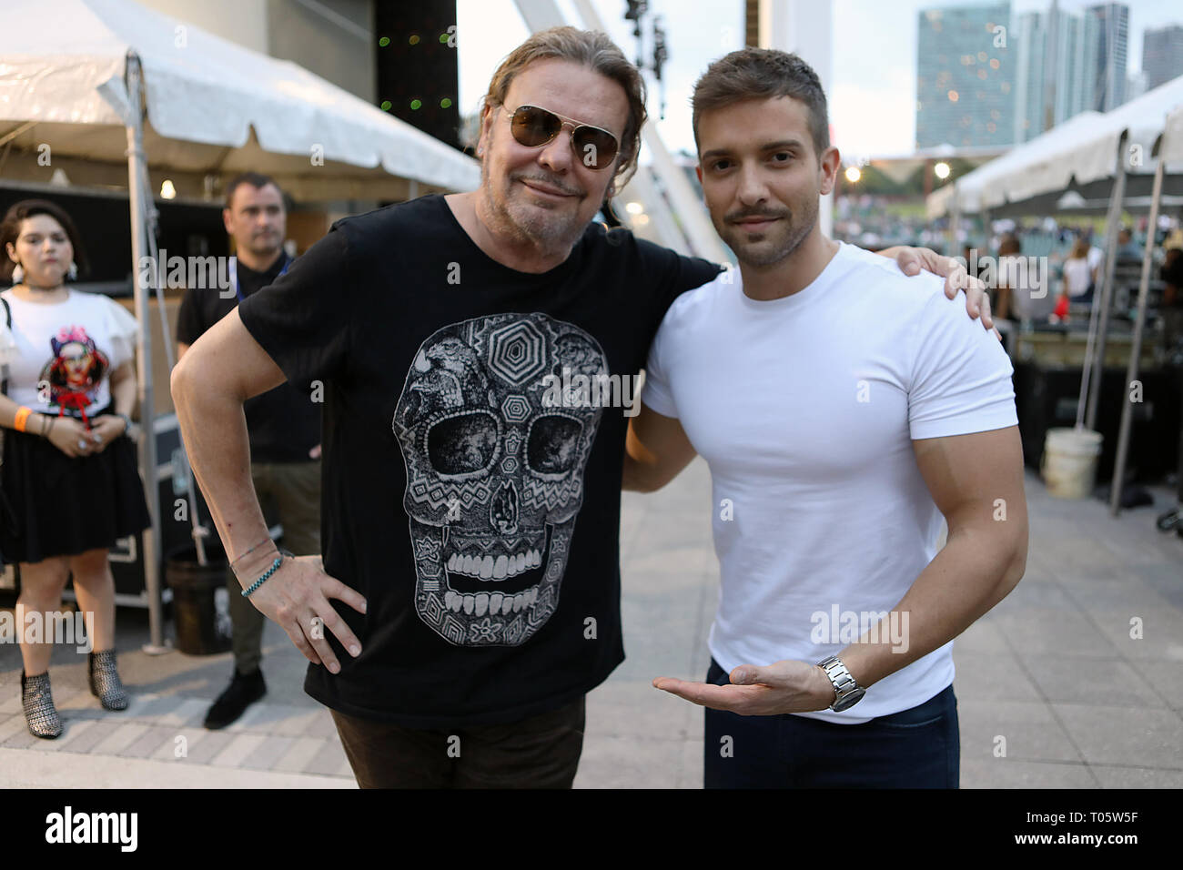 Florida, USA. 16th Mar, 2019. Fher Olvera of Mana backstage with Pablo ...
