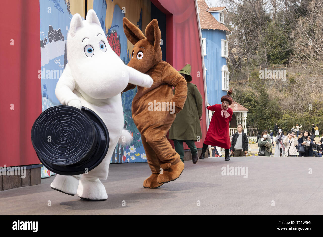 Saitama, Japan. 16th Mar, 2019. Moomin characters perform during the ...