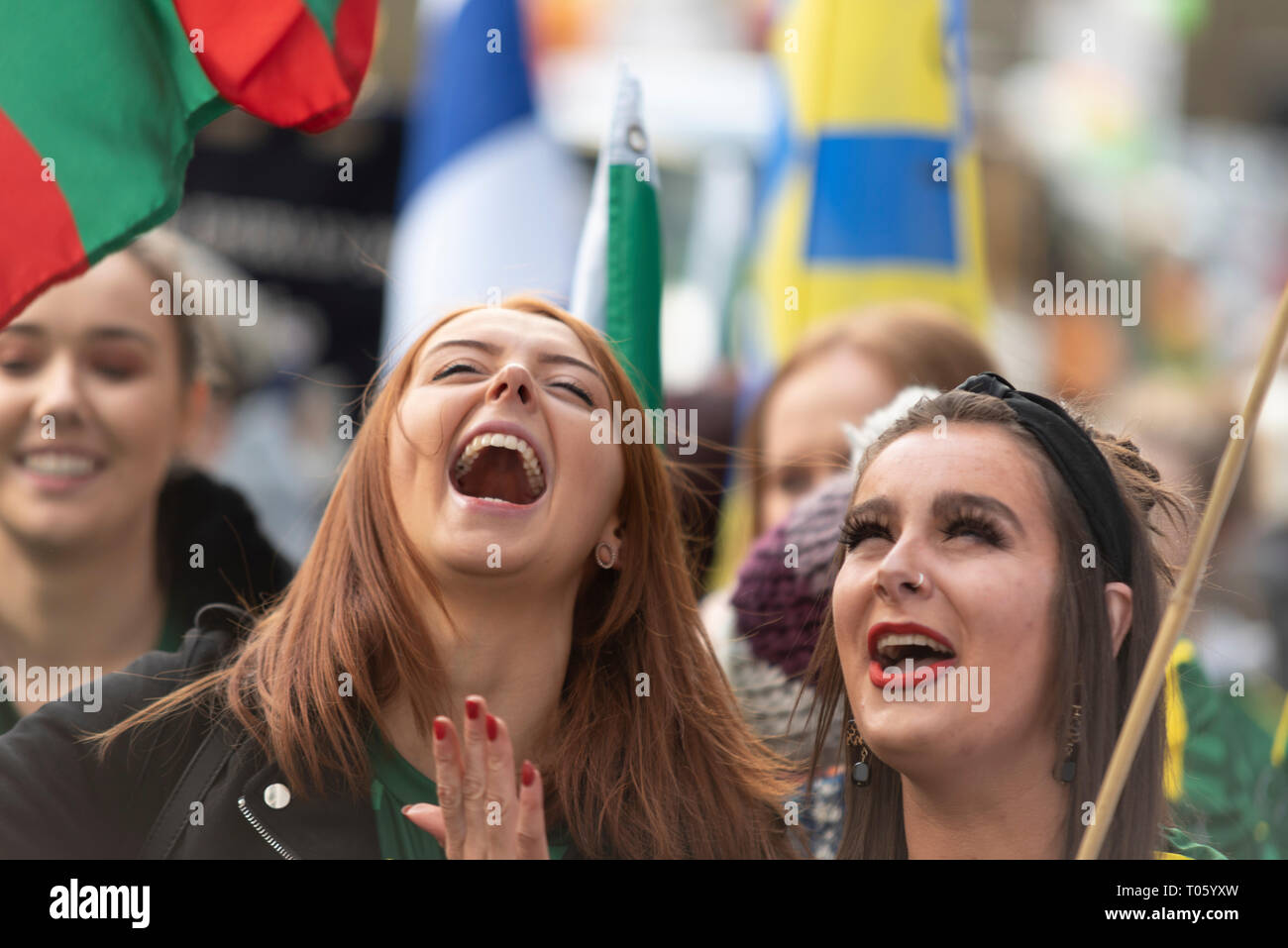 Traditional St Patrick's Day Parade through London, UK. Girls, females ...